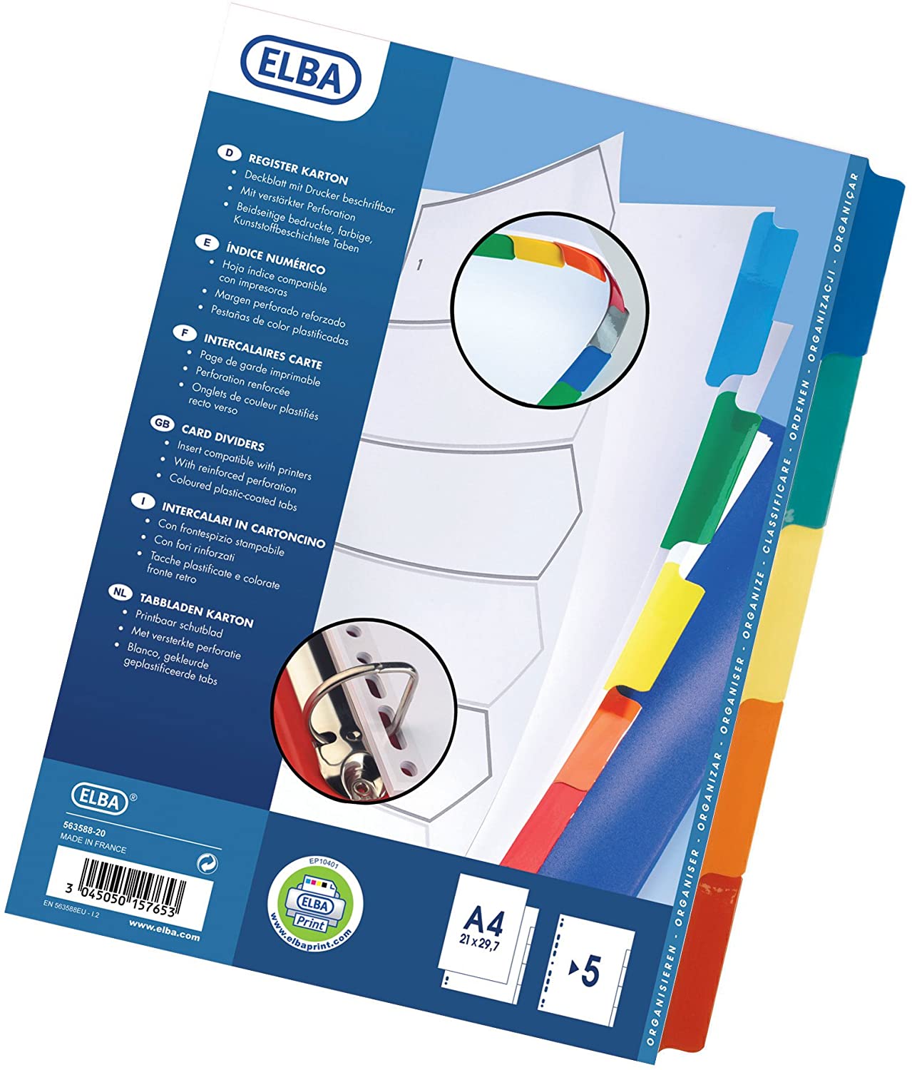 Elba A4 Dividers with Coloured Plastic Coated Tabs, 5 Parts – Pack of ...