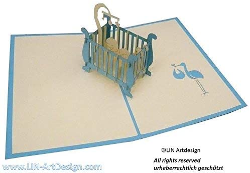 Lin pop-up 3D Greeting Card for Birth of a Baby boy with pop-up cot ...