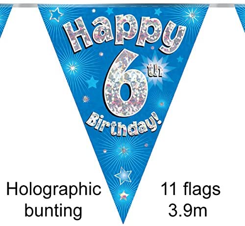 OakTree Happy 6th Birthday Blue Holographic Foil Party Bunting 3.9m ...