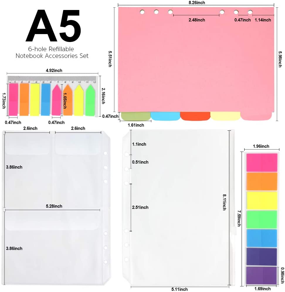FANDAMEI A5 6-Hole Refillable Notebook Accessories Set – 2 Pack Lined ...