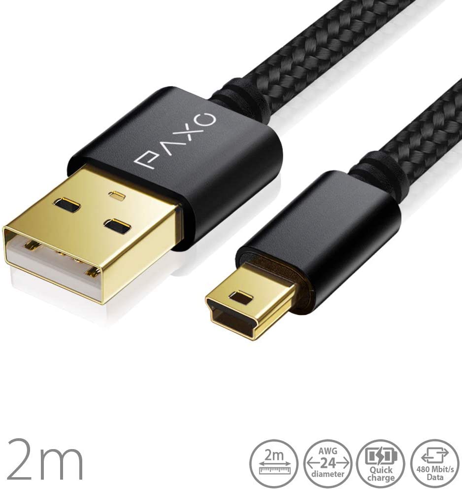 2m Nylon Mini USB cable black, USB to Mini USB charging cable, gold ...