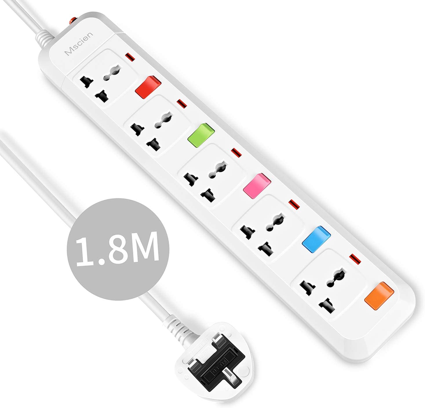 MSCIEN 5 Gang 1.8M Extension Lead,5 Way Universal Socket Power Strip ...