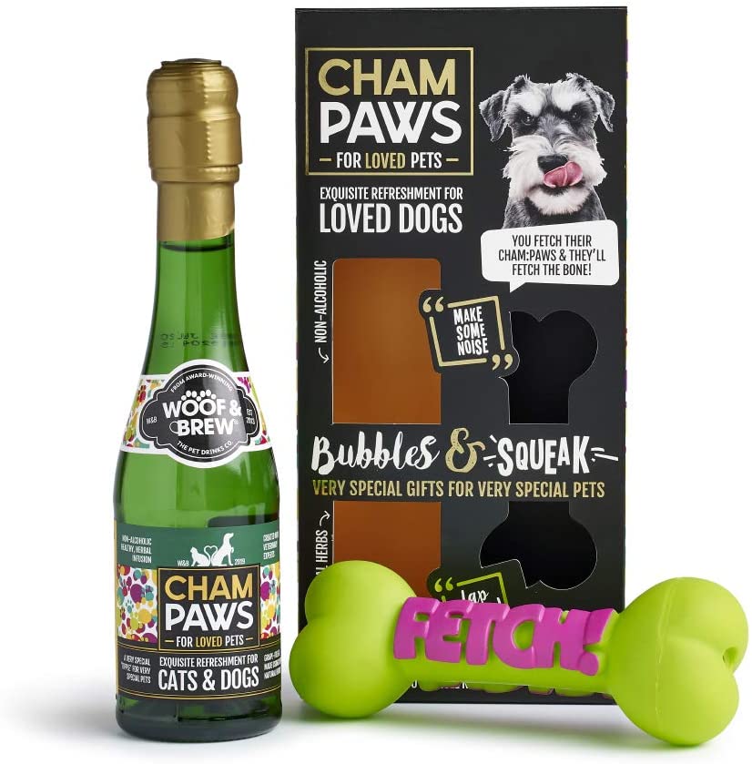 WOOF&BREW Cham:paws for Dogs Bubbles & Squeak Gift Set – Ideal Treat ...