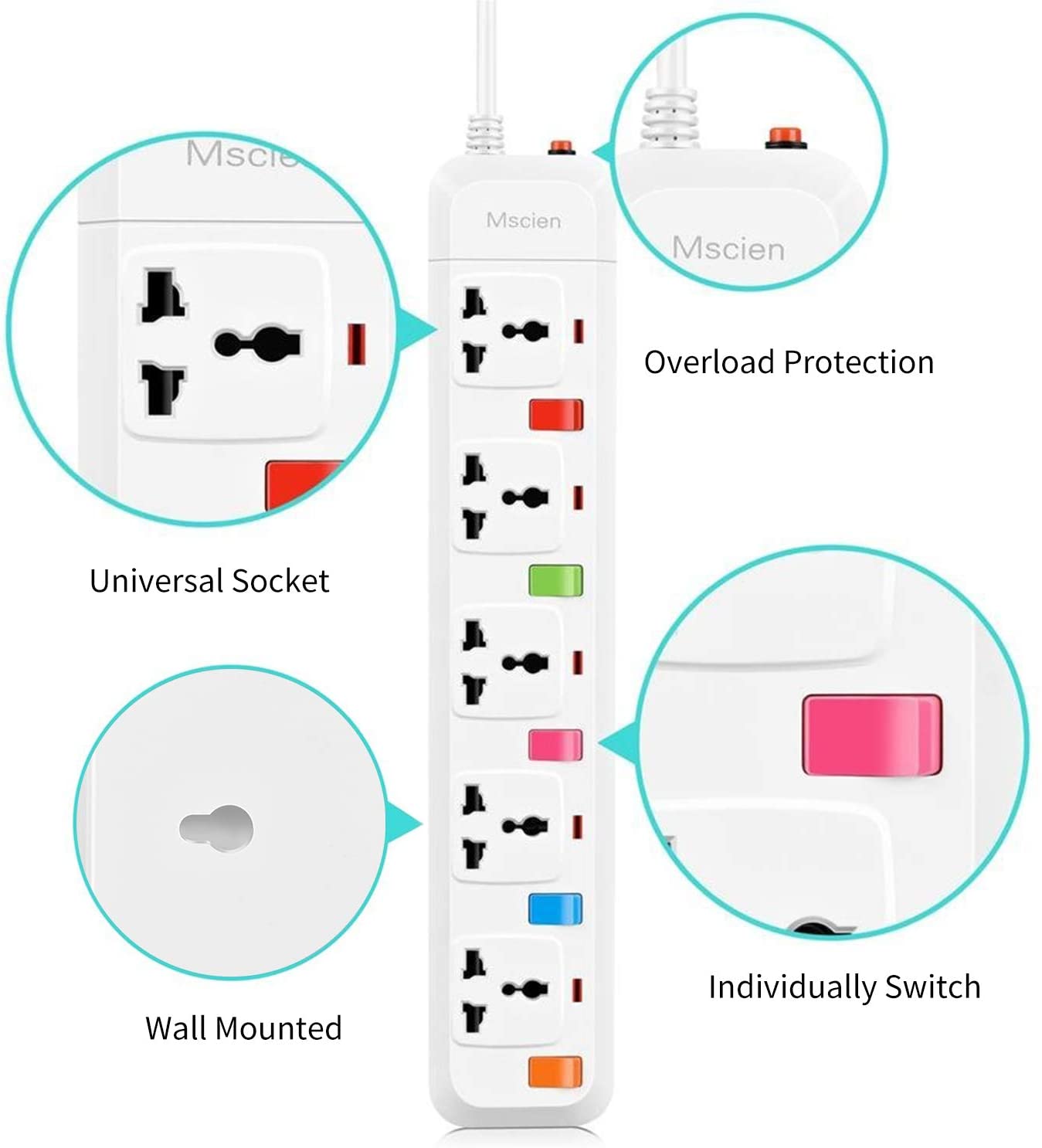 MSCIEN 5 Gang 1.8M Extension Lead,5 Way Universal Socket Power Strip ...