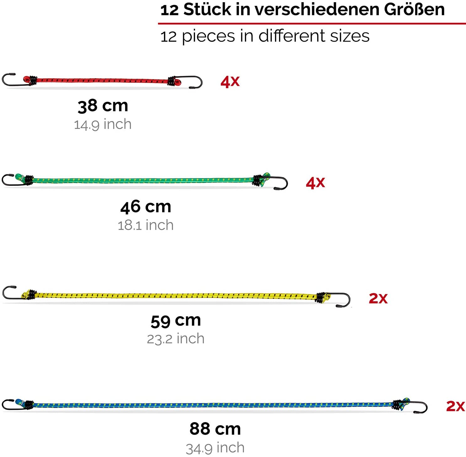 PRETEX 12 Bungee Cords with Hooks w/ 4 Different Length & Colours ...