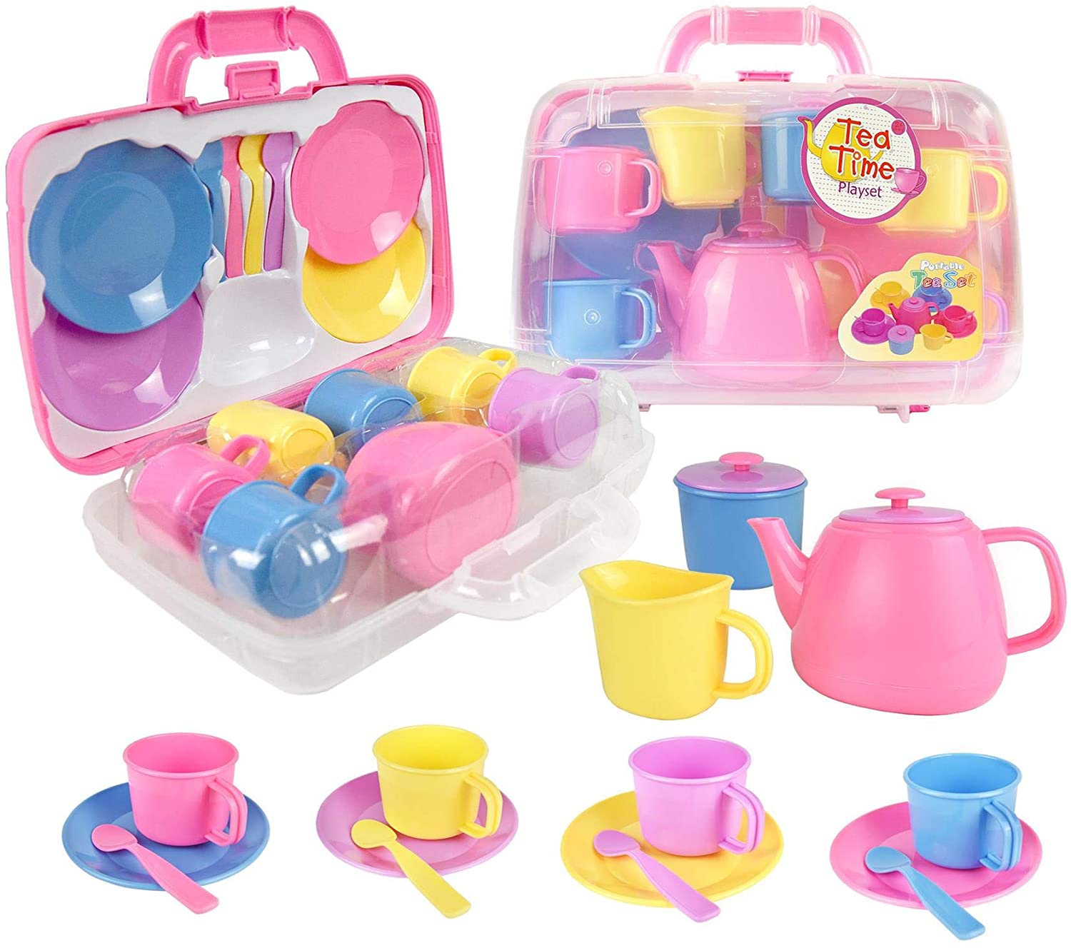 Vinsani 15 Piece Colourful Plastic Tea Party Set Includes Teapot, Jug ...