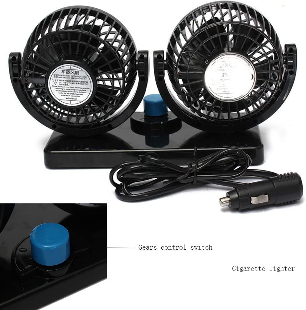 Jhua 12V Fan Car 360 Rotating Adjustable Dual Head Car Fans Powerful ...