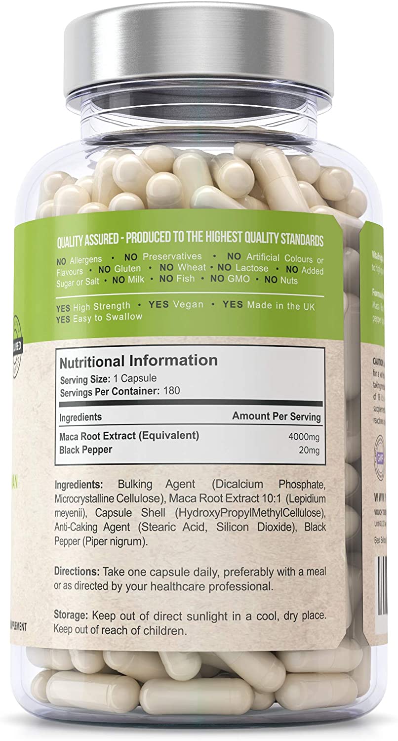 Maca Root Capsules 4000mg – 180 Vegan Max Strength Capsules – 6 Month ...