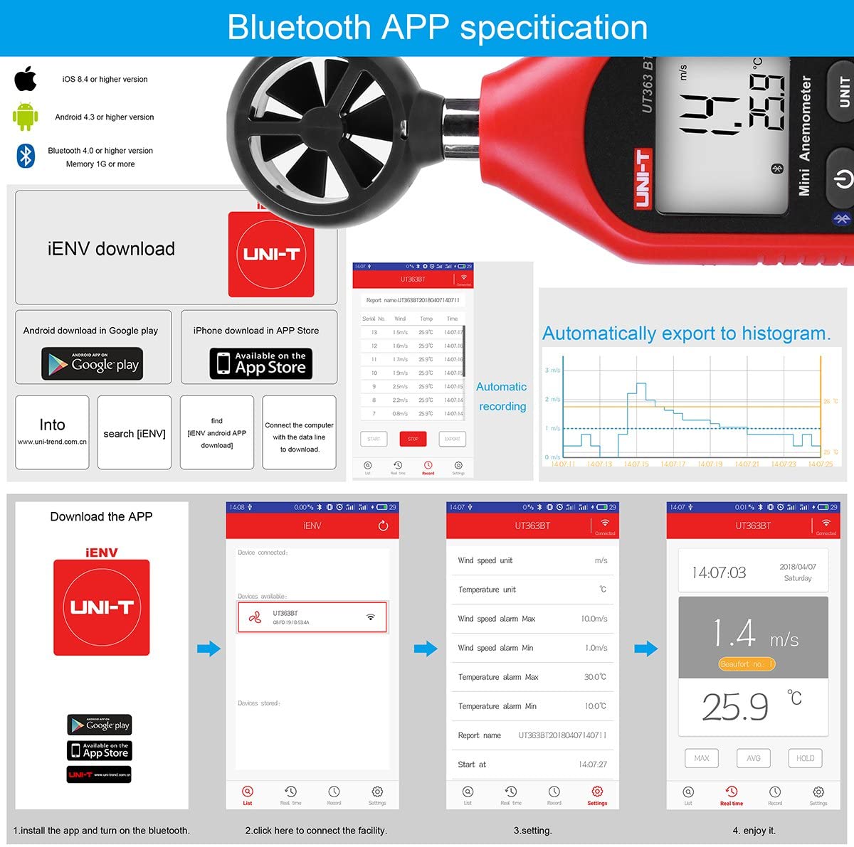 UNI-T Bluetooth Anemometer Handheld UNI-T UT363BT Handheld Mini Digital ...