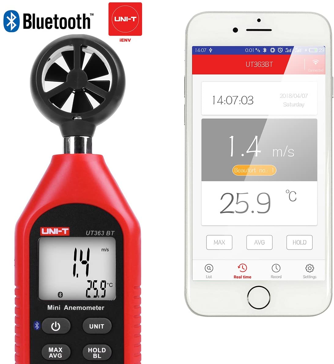 UNI-T Bluetooth Anemometer Handheld UNI-T UT363BT Handheld Mini Digital ...