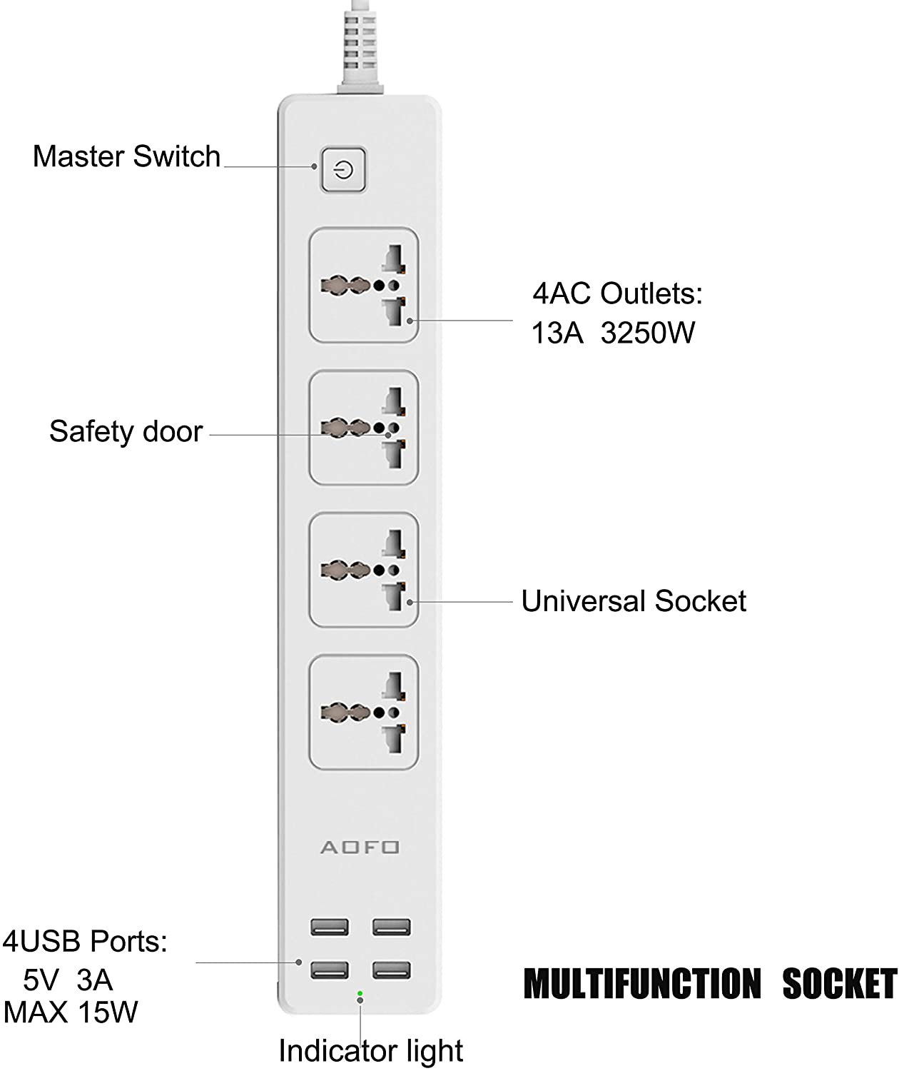 AOFO Power Strips Extension Lead with USB Ports 4 Way Outlets 4 USB ...