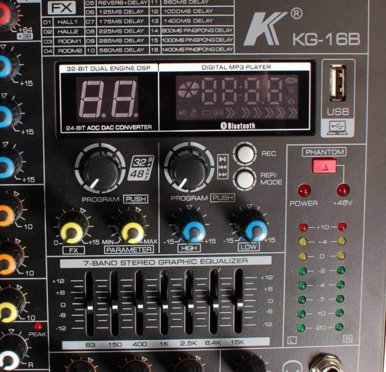 K KG-16B – 16 Channels Mixer with Built-In Effects, 2 Aux, 7 Band ...