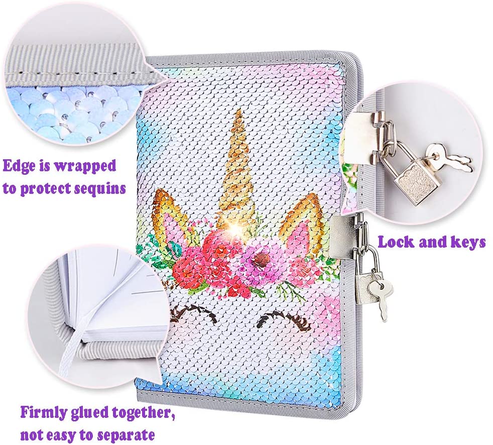 Beinou Unicorn Sequin Diary with Lock and Key, Girls Journal Mermaid ...