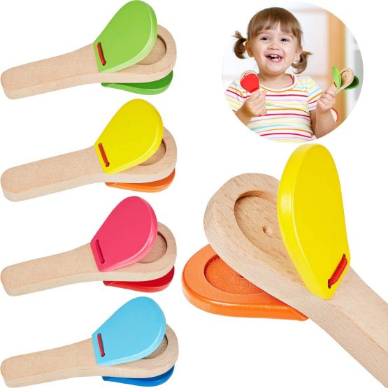 4 Pieces Wooden Castanet Clapper with Long Handle Musical Wooden ...