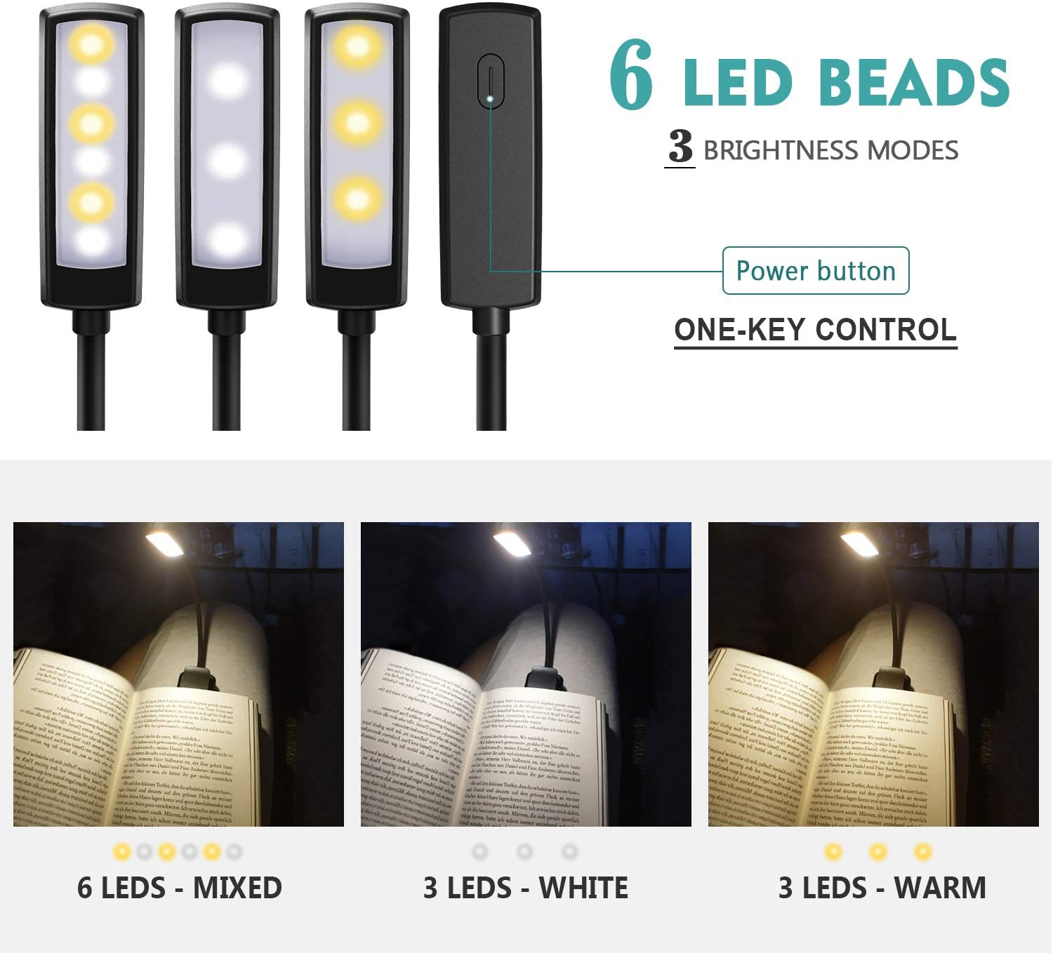 6 LED Book Light,OMERIL USB Rechargeable Reading Light with 3 Eye-Care ...