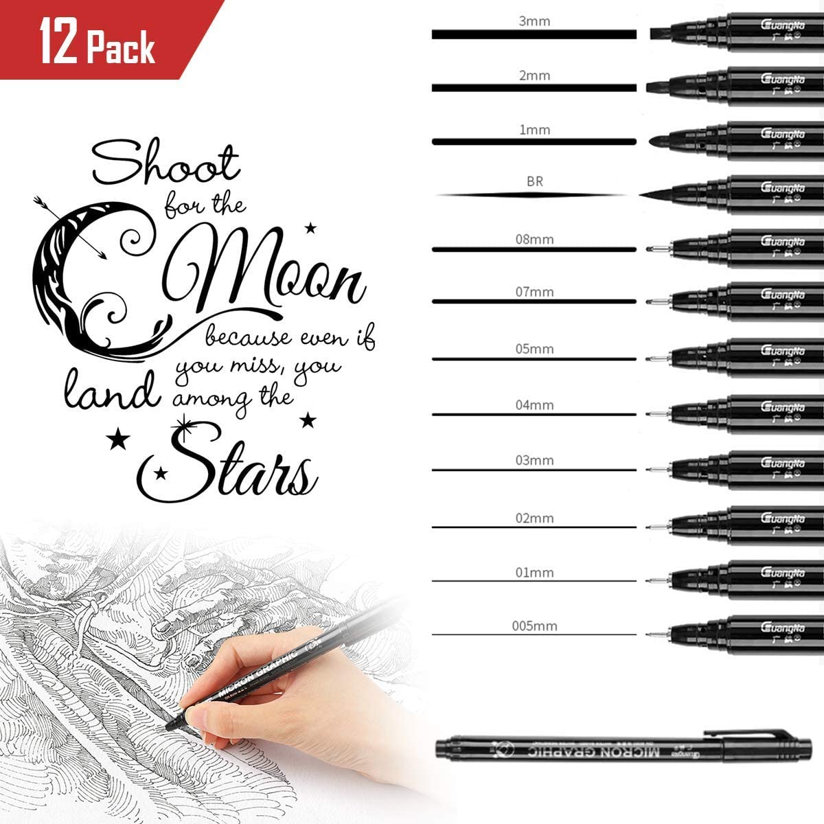 Fineliner Pens,12 Size Black Calligraphy Pen, Hand Lettering Pens ...