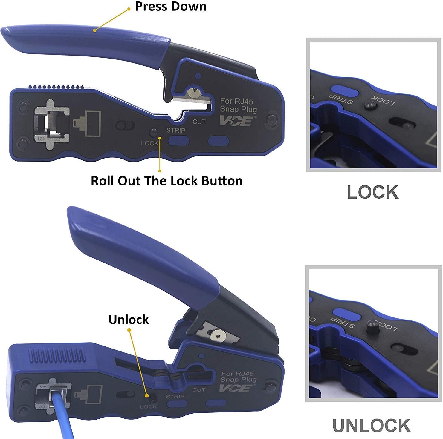 VCE GJ670BL Pass Through Crimping Tool RJ45 Crimper Feed thru Crimp ...