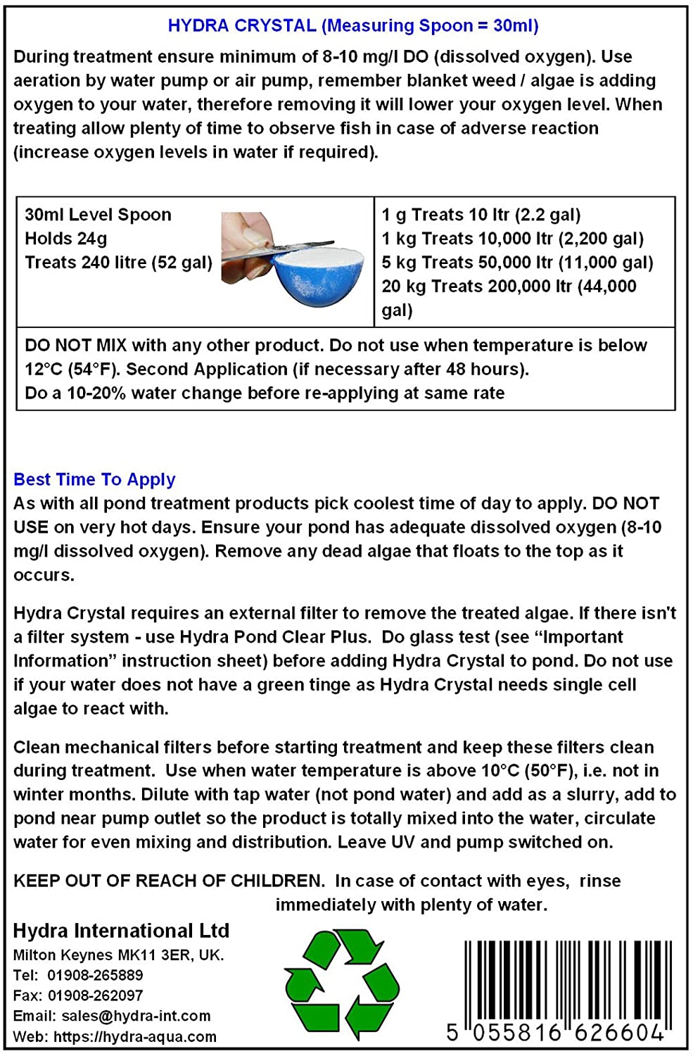 HYDRA Crystal Green Algae Treats UpTo 10,000 litres + Pond Algae Green ...