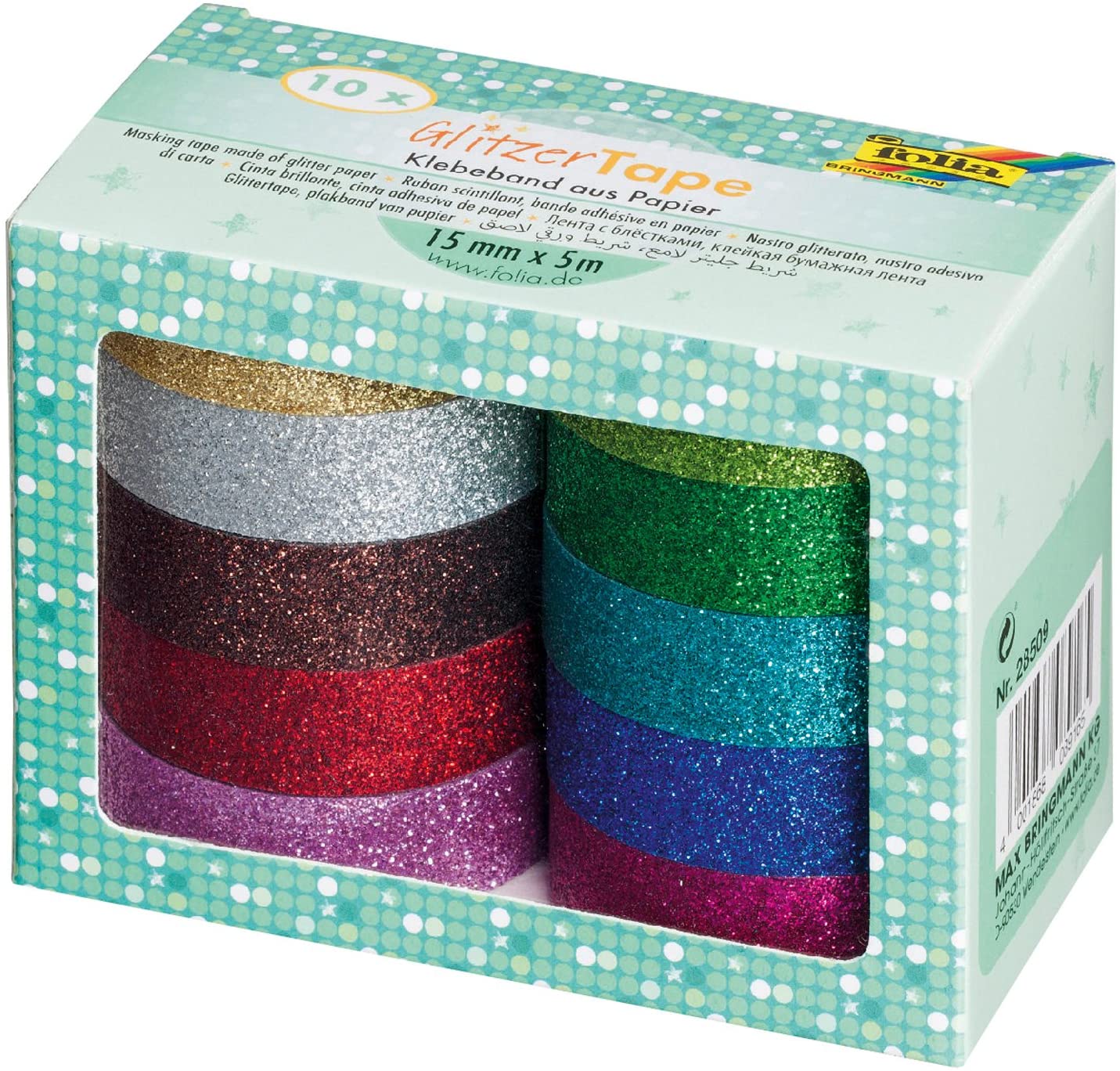 Folia 28509 Glitter Tape 10 Rolls Assorted Colours, Rolle 5 m x 15 mm ...