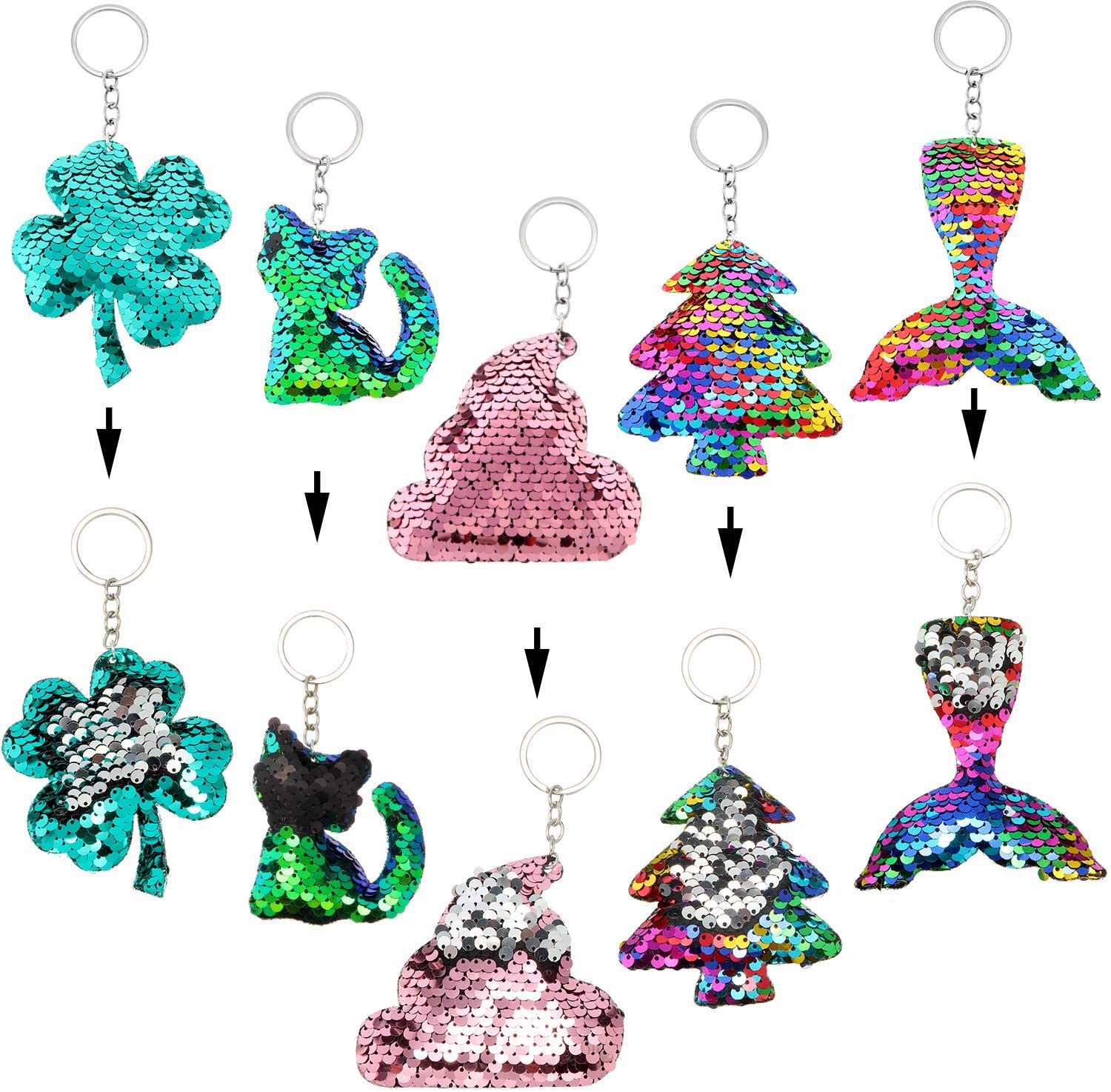 Hotop 20 Pieces Flip Sequin Keychain with Mermaid Tail Flamingo Clover ...