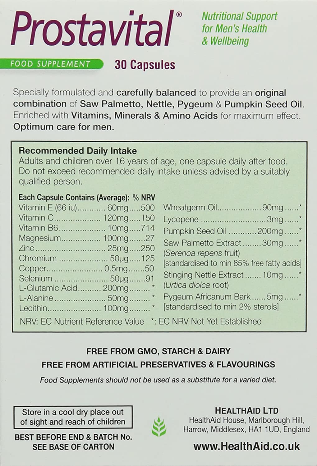 HealthAid Prostavital – Zinc, Selenium, Saw Palmetto – 30 Capsules – BigaMart