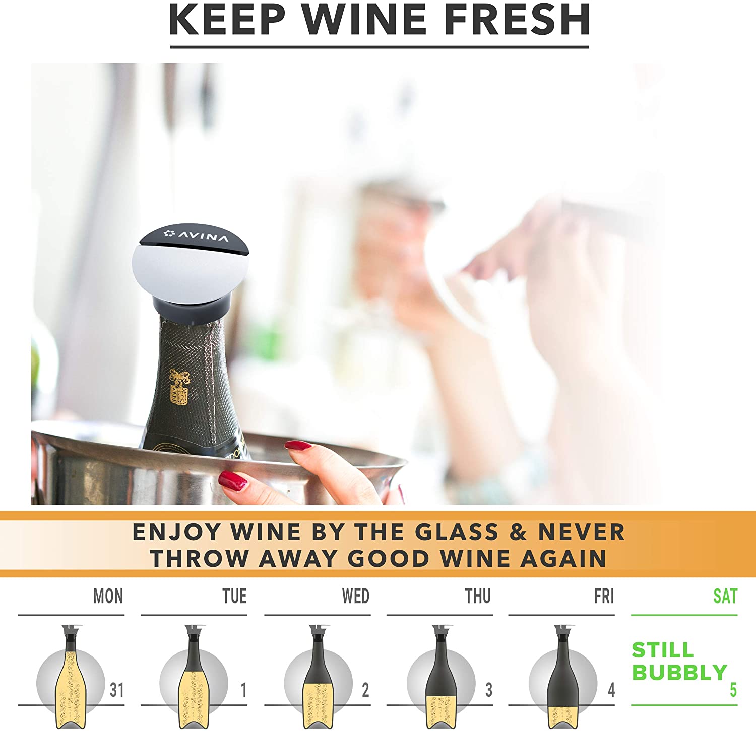 AVINA Champagne and Wine Bottle Stopper – Push and Lock Resealable ...