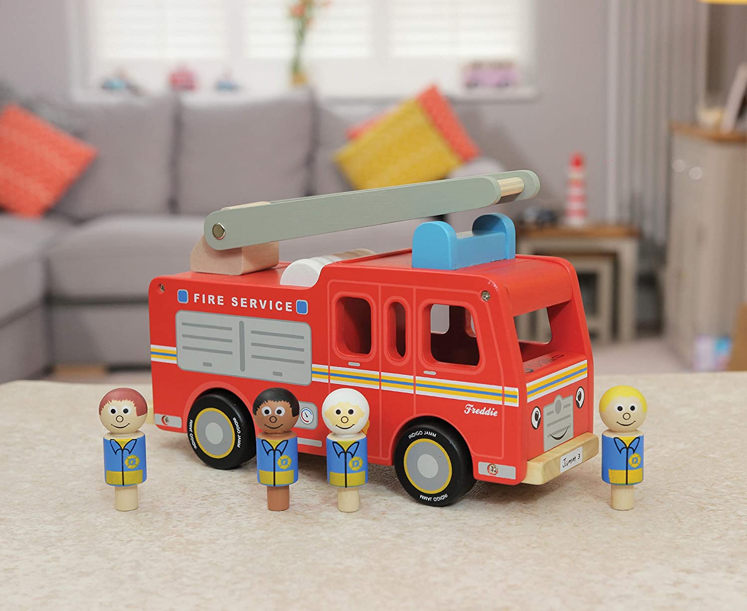 Indigo Jamm Freddie Fire Engine, Classic Wooden Toy Emergency Services ...