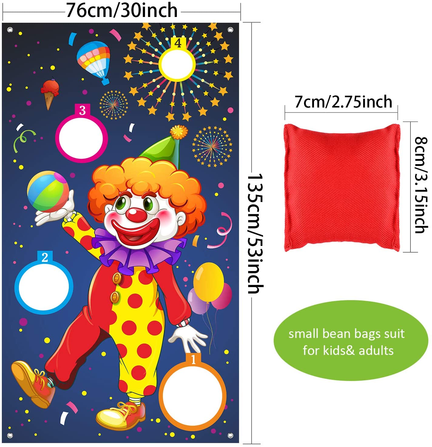 Outus Carnival Toss Games Clown Banner with 3 Bean Bags Circus Bean Bag ...