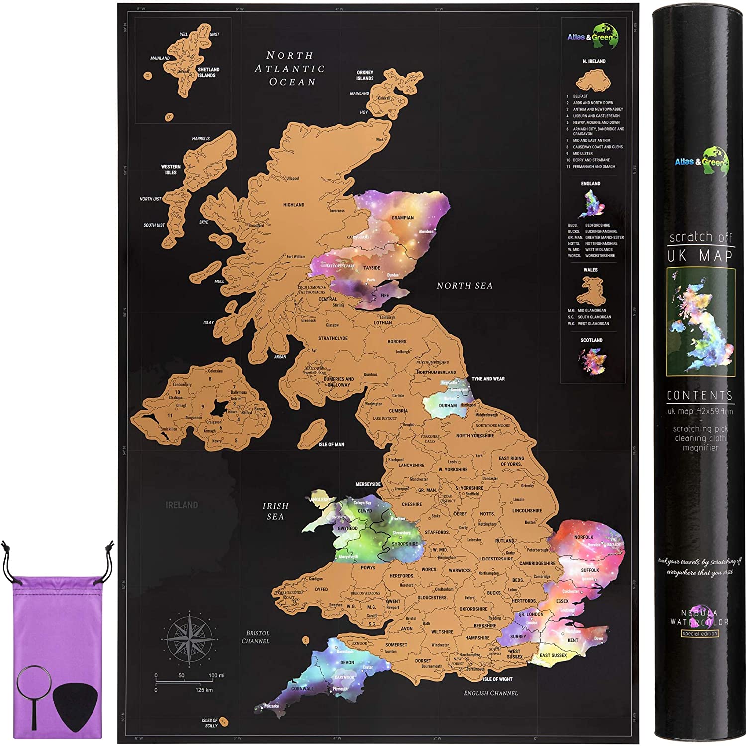 Scratch Off Map UK | A2 Poster + Accessories Kit and Travel Gift Tube ...
