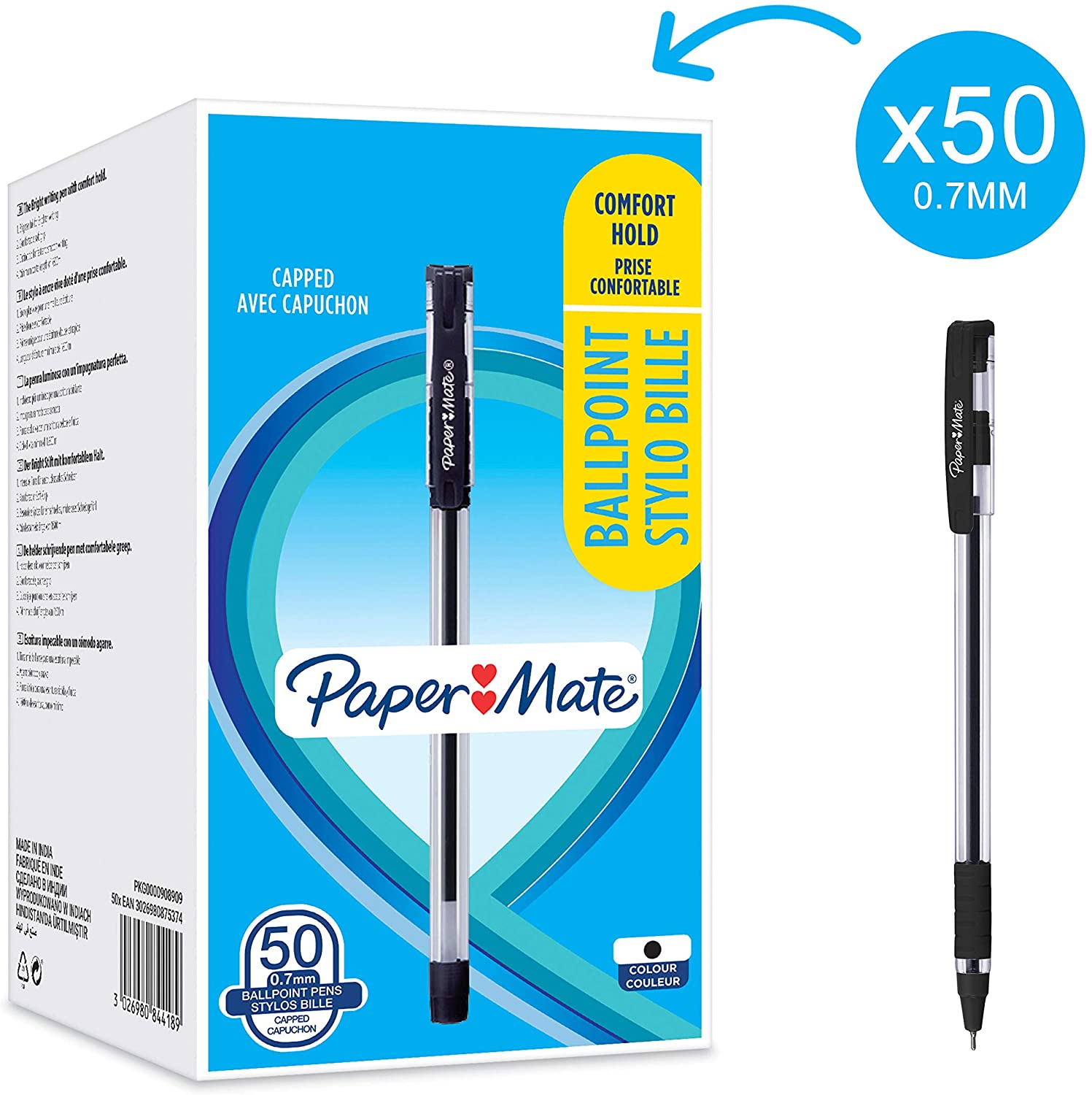 Paper Mate Ballpoint Pens, Comfort Grip, Fine Point (0.7mm), Black, 50 ...