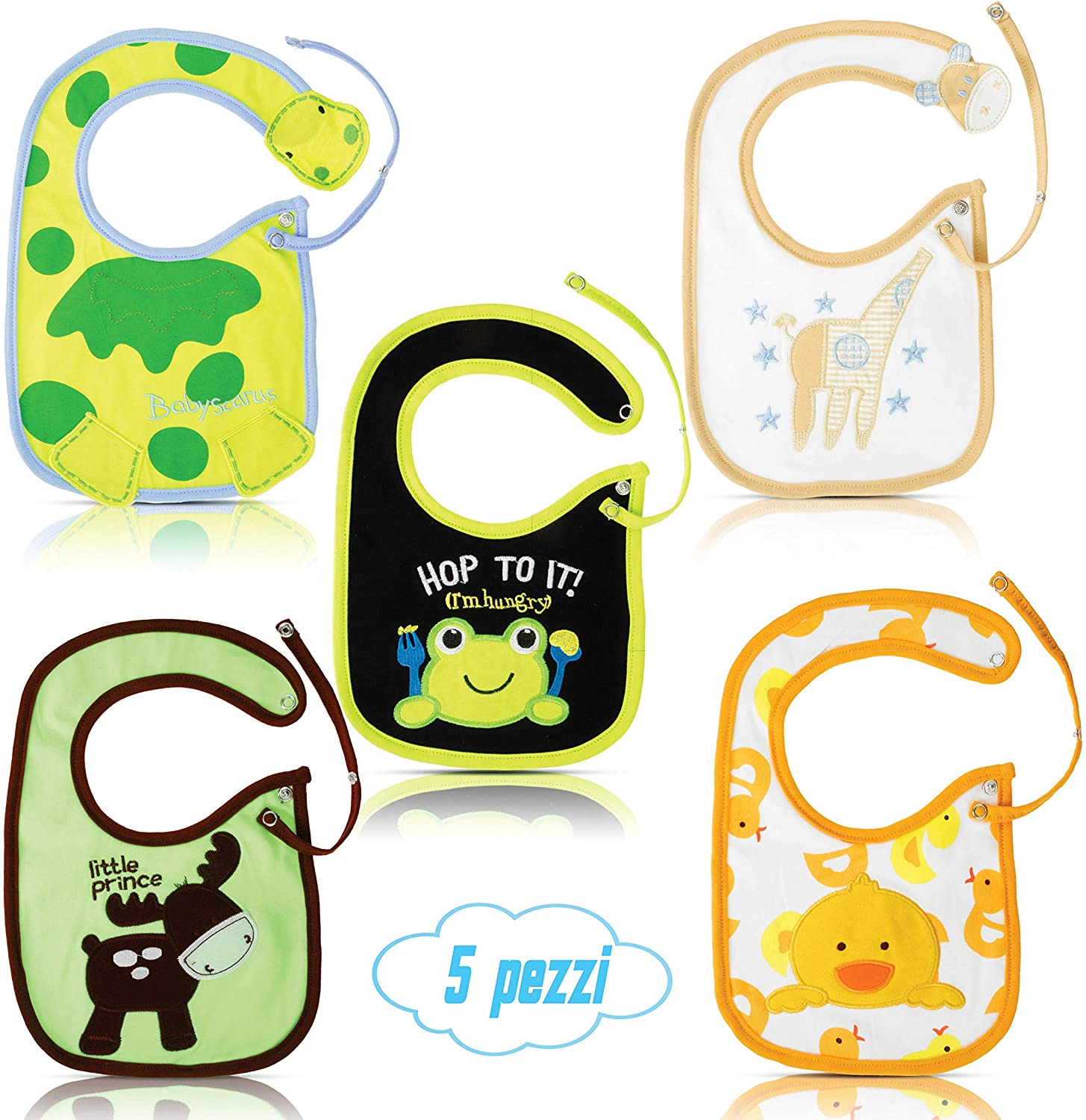 5 Baby Bibs with Elastic Baby Pacifier Holder Baby Toddler Bibs ...