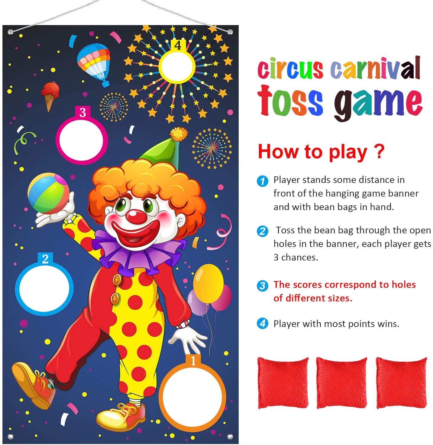 Outus Carnival Toss Games Clown Banner with 3 Bean Bags Circus Bean Bag ...