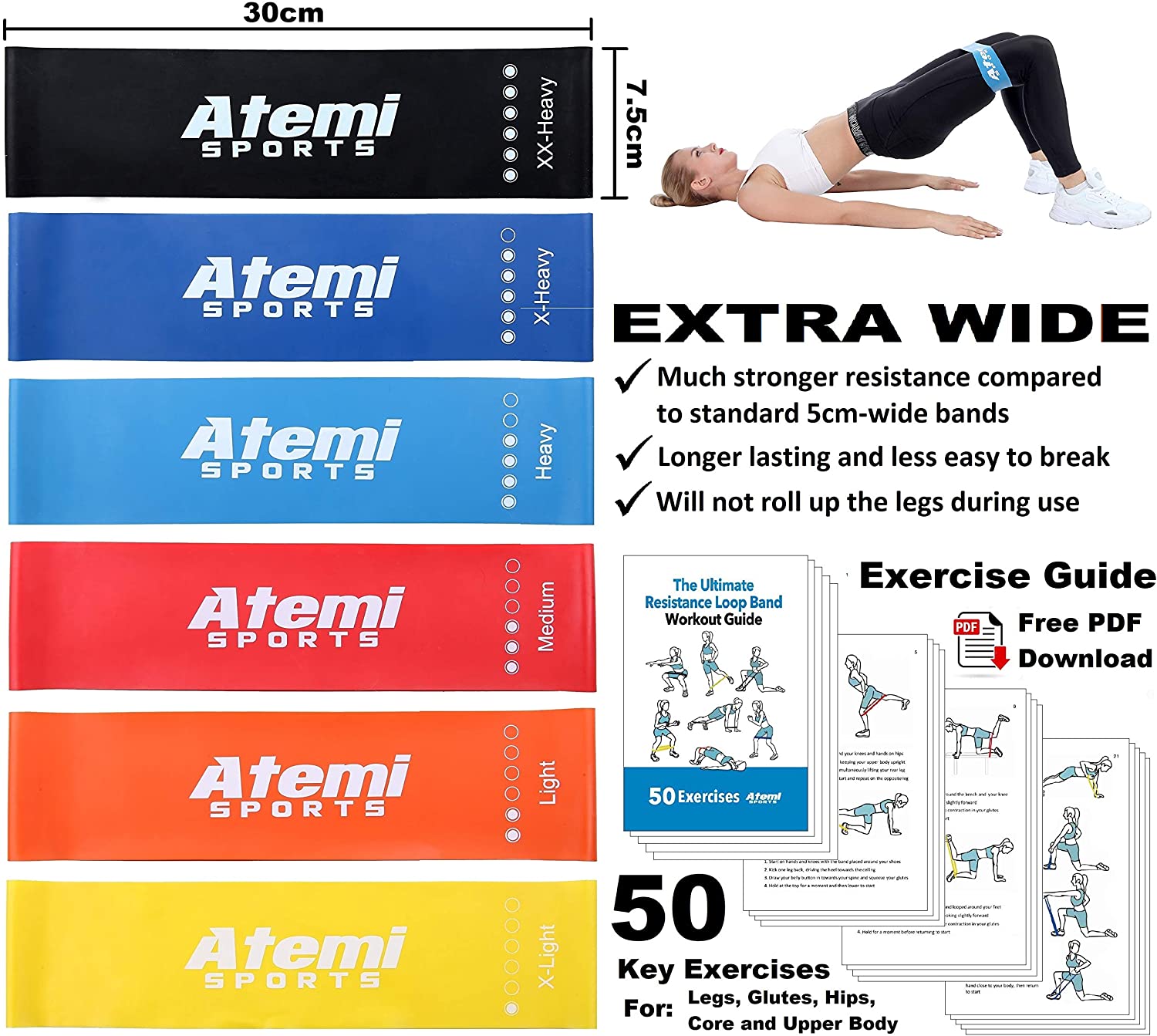 Atemi Sports SINGLE Stretch Bands for Exercise | EXTRA WIDE Elastic ...