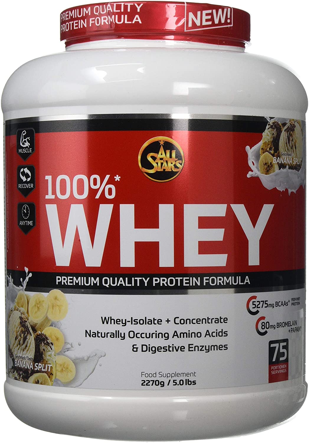 All Stars 100% Whey Protein, Banana-Split, 1 X 2270 g - BigaMart