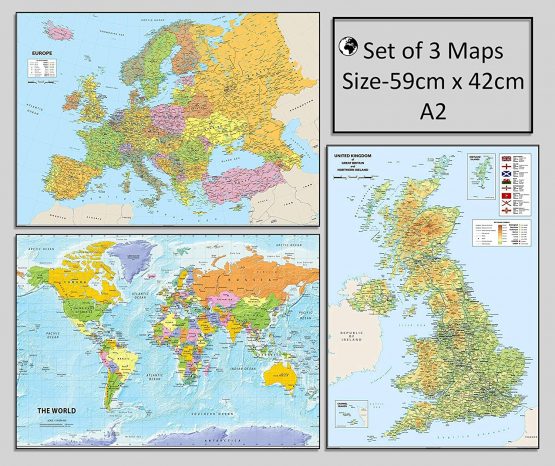 Set of 3 A2 Maps – World, Europe, UK – Size – 59cm x 42cm – BigaMart