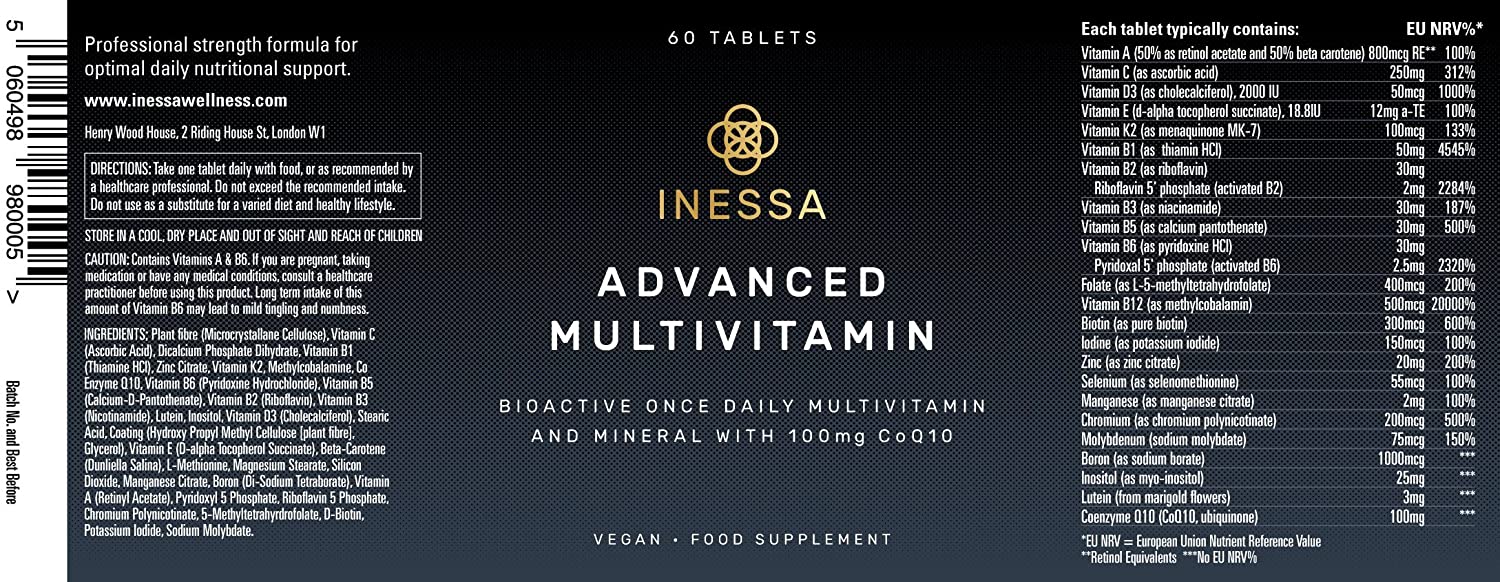 Inessa Multivitamin with CoQ10 100mg, Vitamin D3 2000 IU, K2 100mcg, B ...