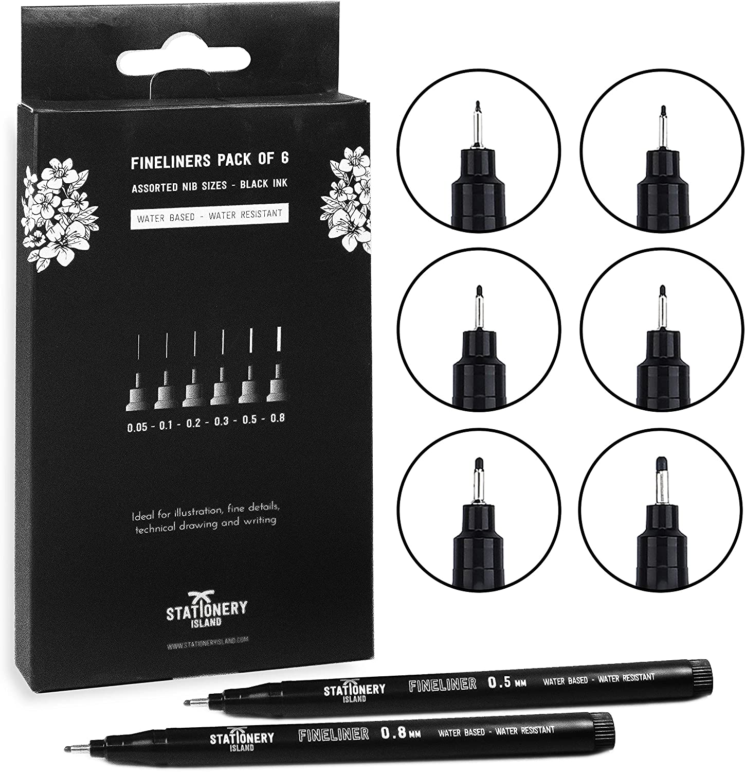 Stationery Island Fineliner Pens Pack Of 6 Black – Assorted Nibs. Fine ...