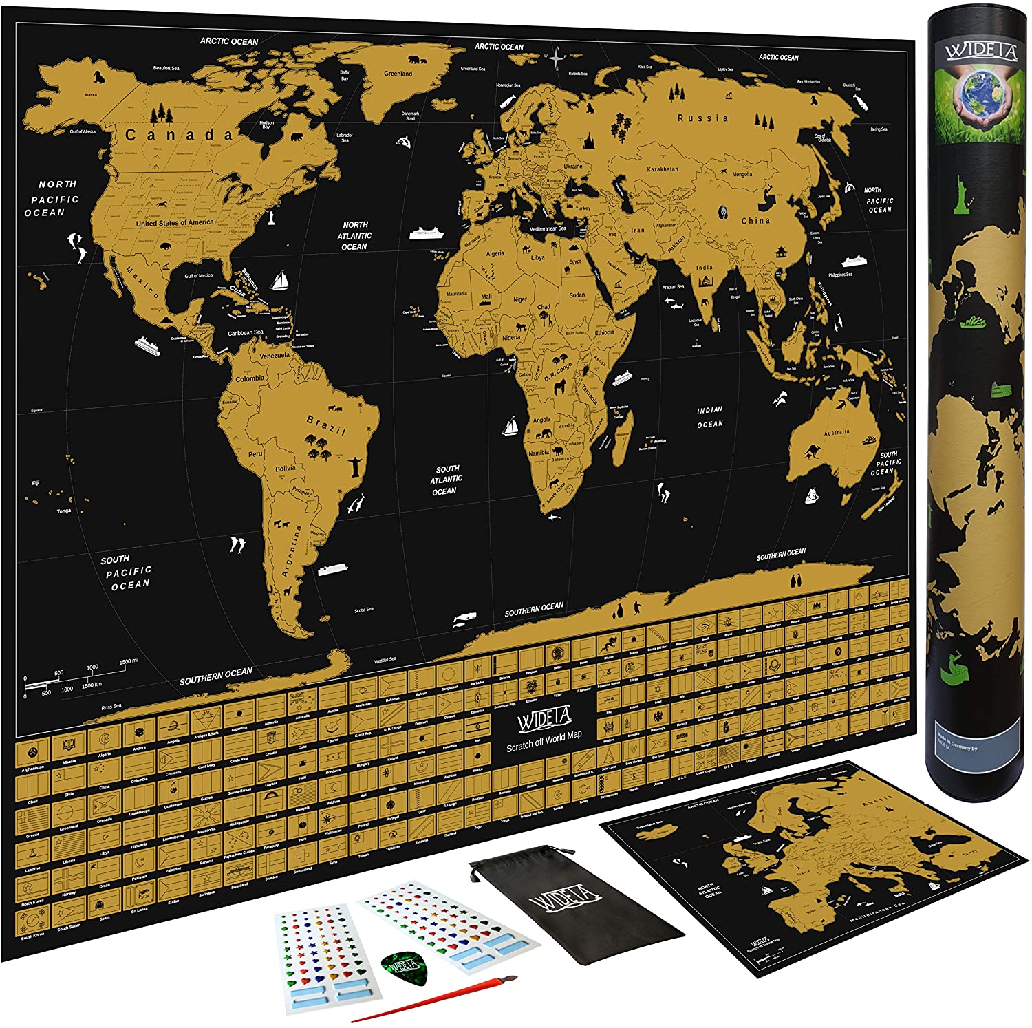 WIDETA Scratch off world map with flags of countries (60 x 42 cm ...
