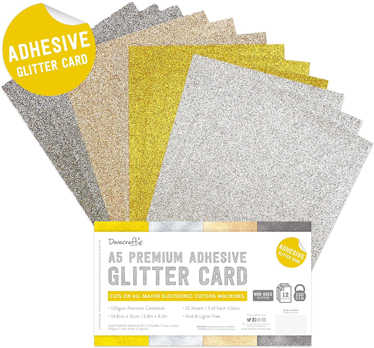 Dovecraft DCGCD046 Adhesive Glitter Card, Silver, Rose Gold & Gunmetal ...