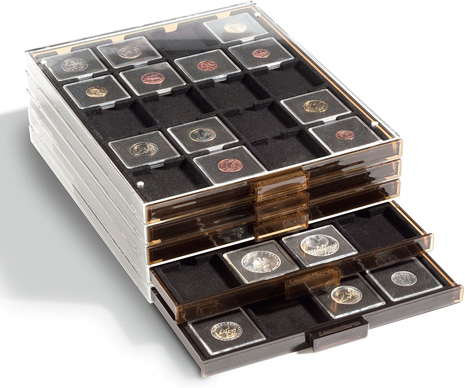 Lighthouse coin box QUADRUM, 20 square compartments up to 50 mm Ø ...