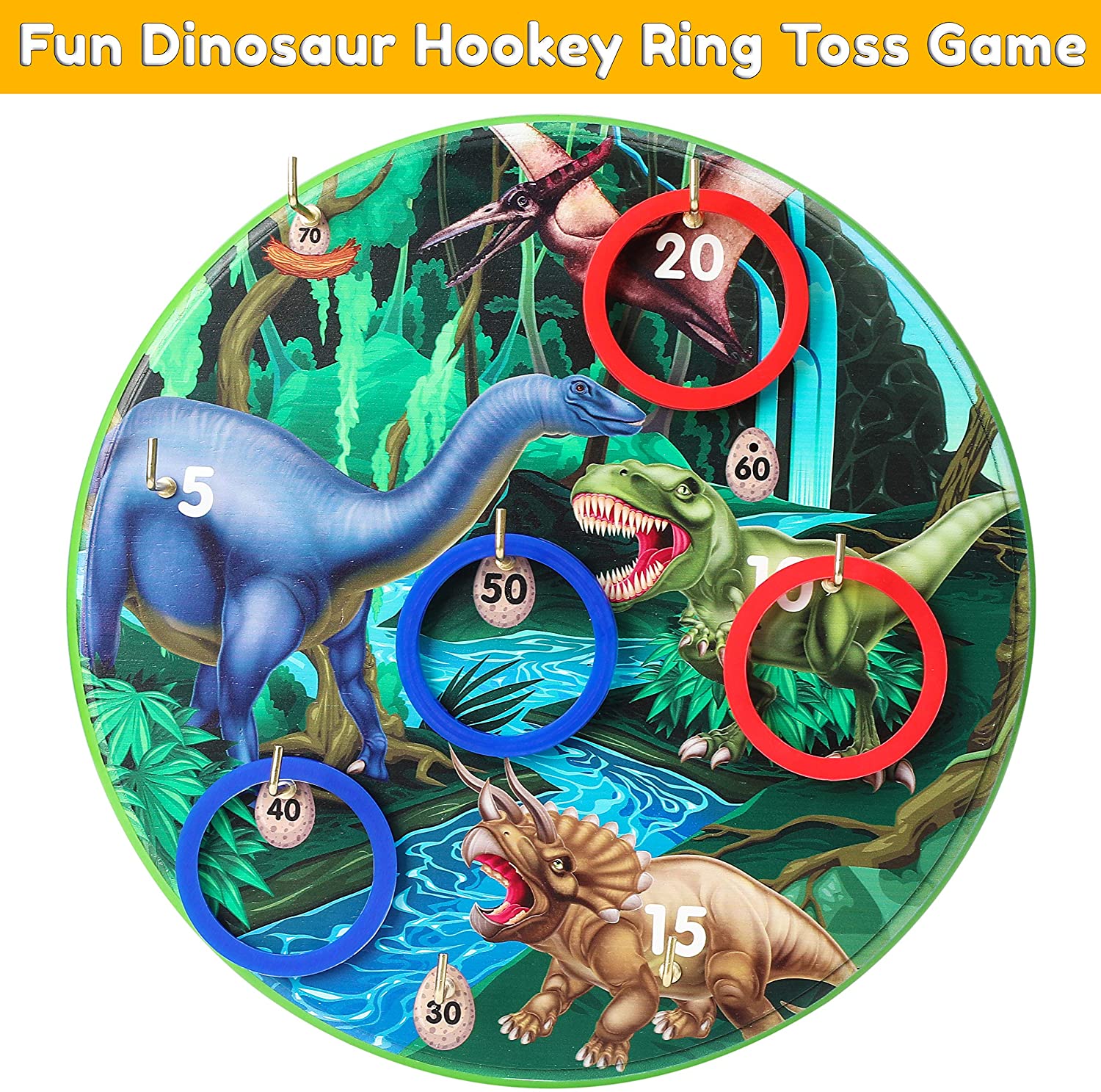 Dinosaur Hookey Ring Toss Game – Extra Hooks (15) and Rubber Rings (12 ...