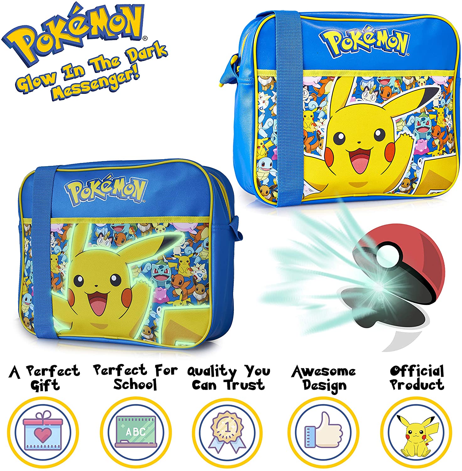 Pokemon Pikachu Messenger Bag for School Or Travel with Glow in The ...