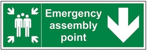 VSafety Emergency Assembly Point Arrow Down Sign – Landscape – 600mm x 200mm – 1mm Rigid Plastic ...