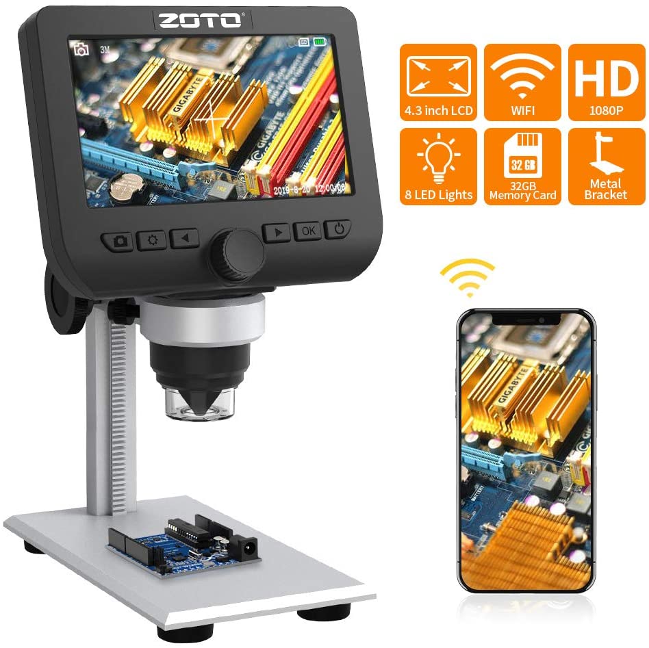 WiFi LCD Microscope, ZOTO 4.3inch 1080P Full HD Wireless Digital ...