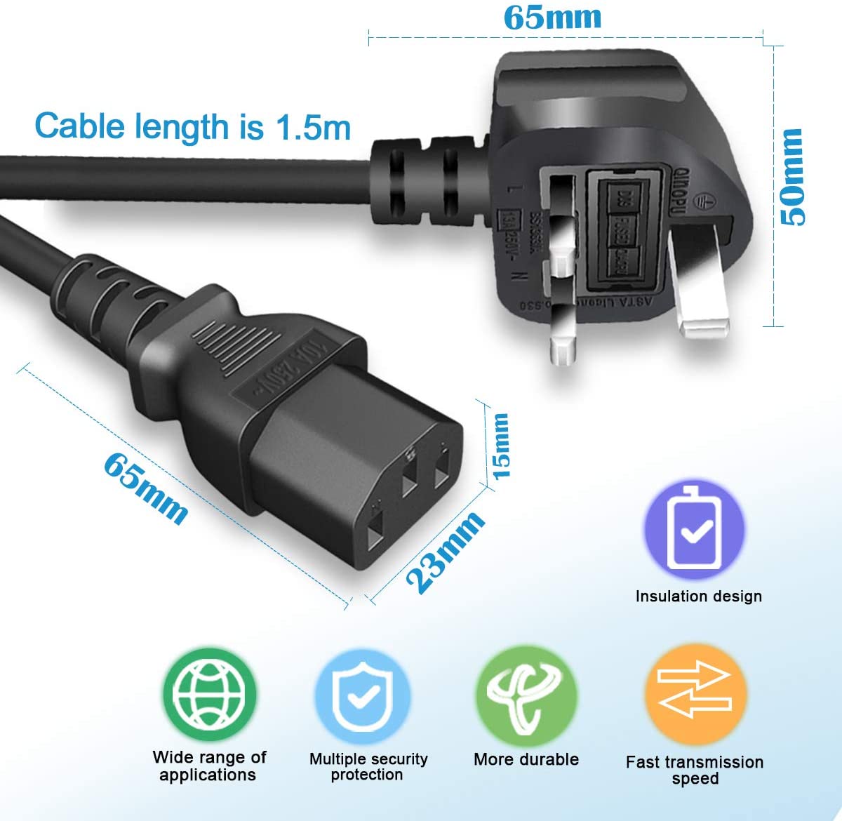 EXTRASTAR 13A Fused Power Cable, 3 pin Mains Power Lead (IEC320C13 to ...