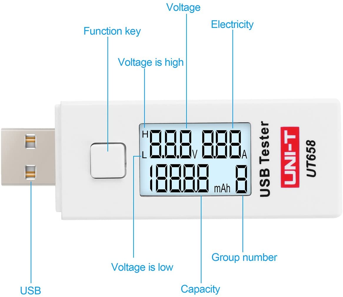 UNI-T UT658 USB Tester,DC 5.1A 30V Amp Usb Voltage Tester, Test Speed ...