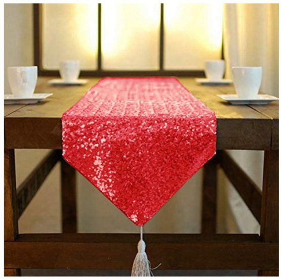 ShinyBeauty Shimmer Black-Sequin Table Runner Tassel-30x180cm, Glitter Round Sequins Fabric for ...