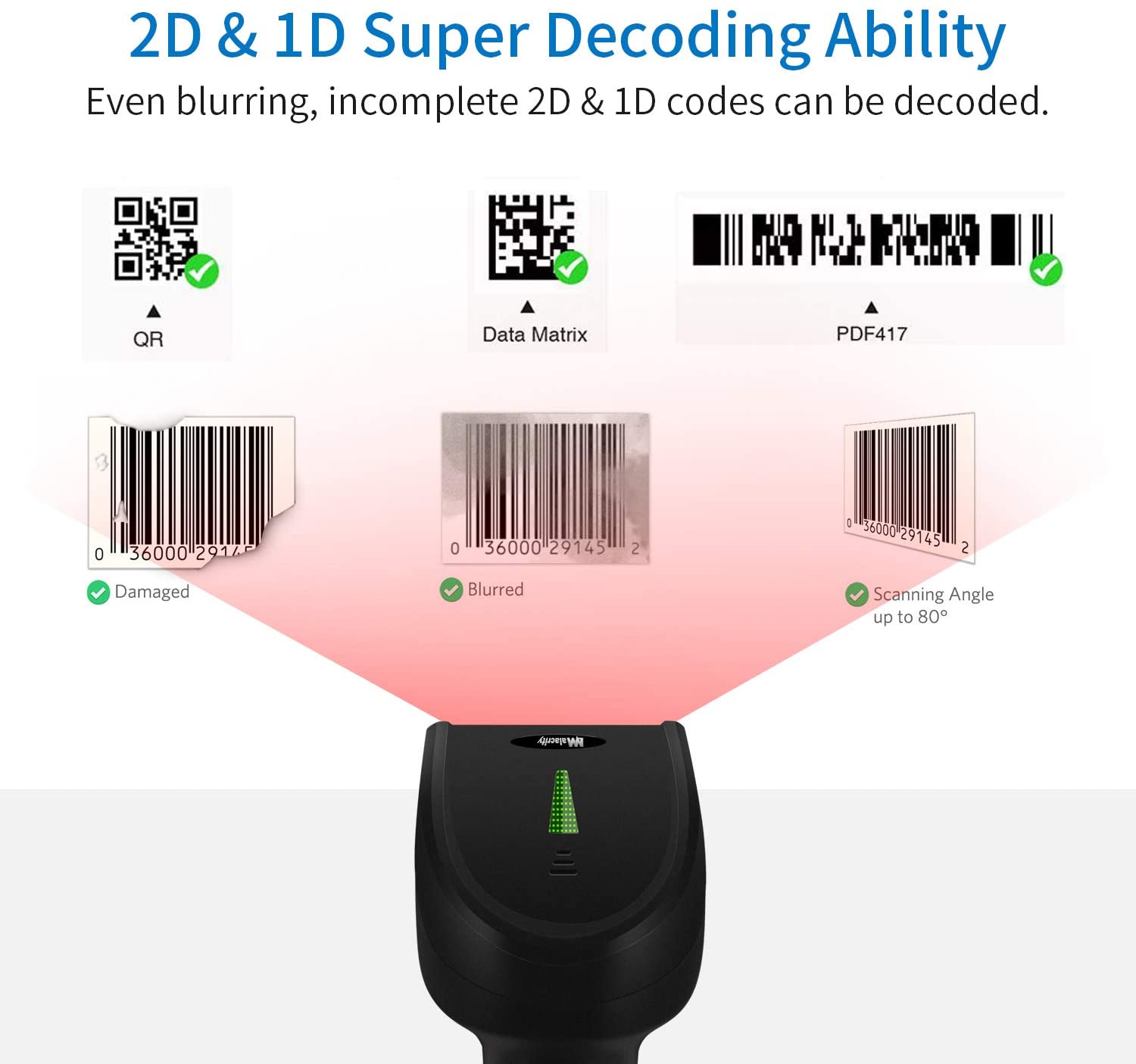 Alacrity 2D 1D Wireless Barcode Scanner,QR Datamatrix Handheld 2.4GHz ...