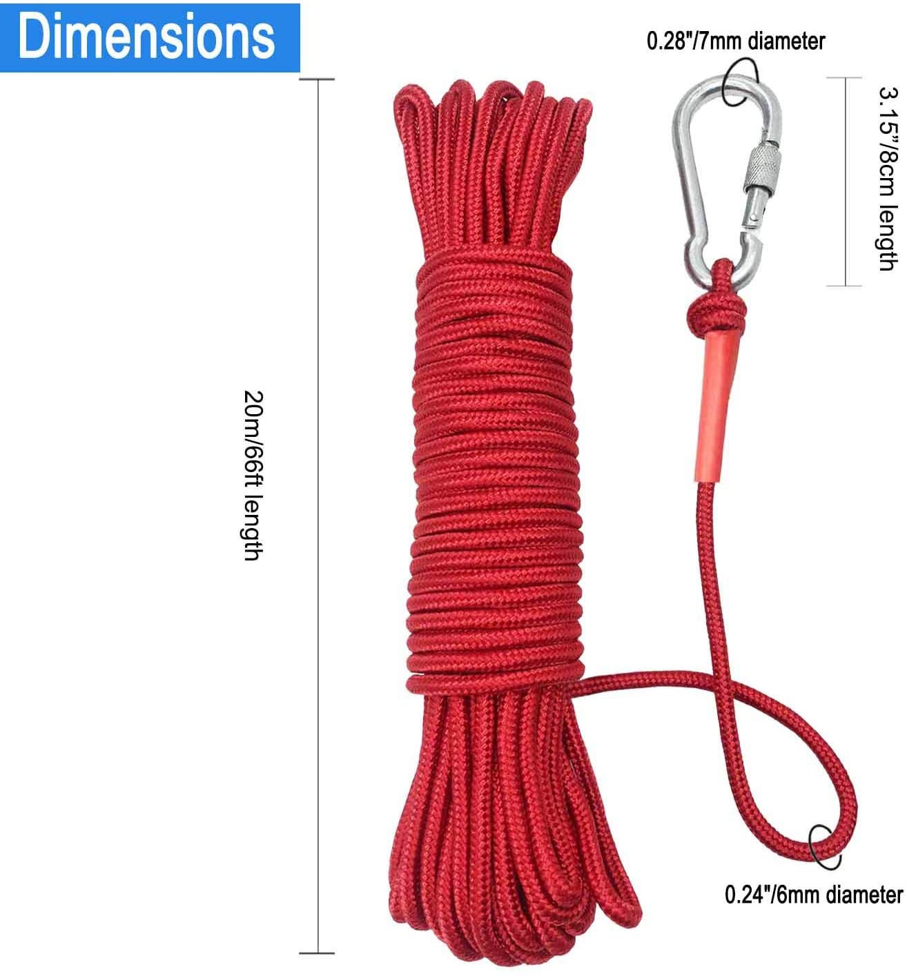 Fishing Magnet Rope with Carabiner, Outdoor Rope Braided Rope 20m(65 ...