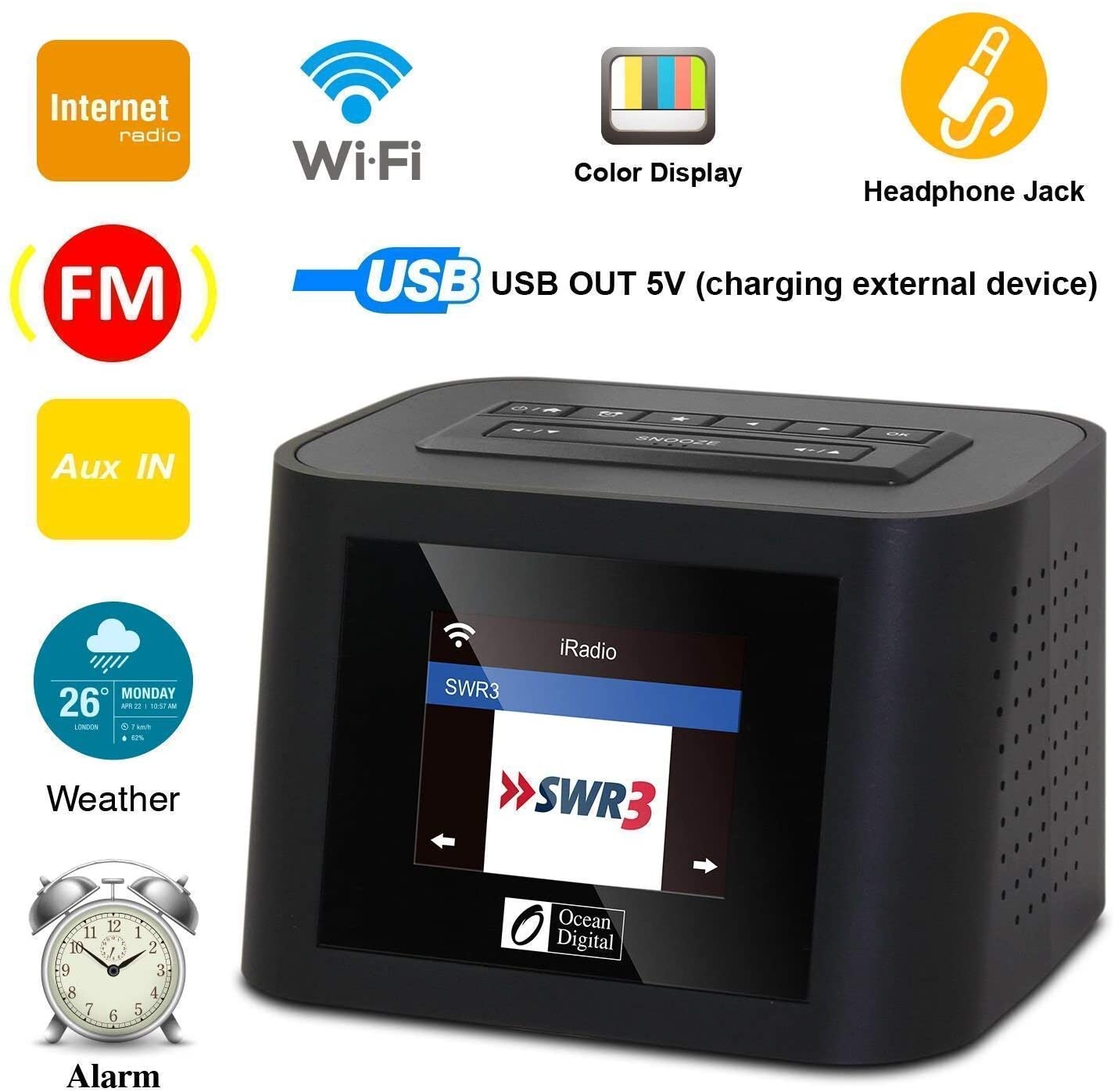 Ocean Digital WiFi Internet Radio WR828 FM Alarm Clock Radio with 5V ...